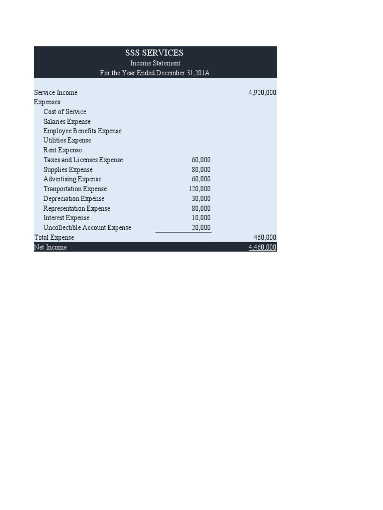 Sss Services: Income Statement For The Year Ended December 31,201A | PDF