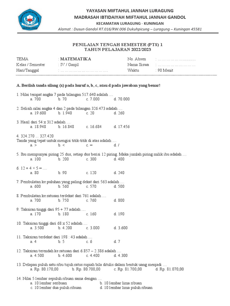 Soal PTS Matematika Kelas 4 Sem 1 | PDF
