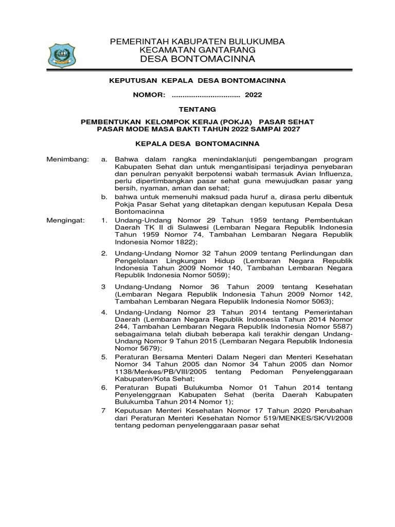 Pembentukan Pokja Pasar Sehat 2022-2027 | PDF | Pengelolaan Keuangan & Uang