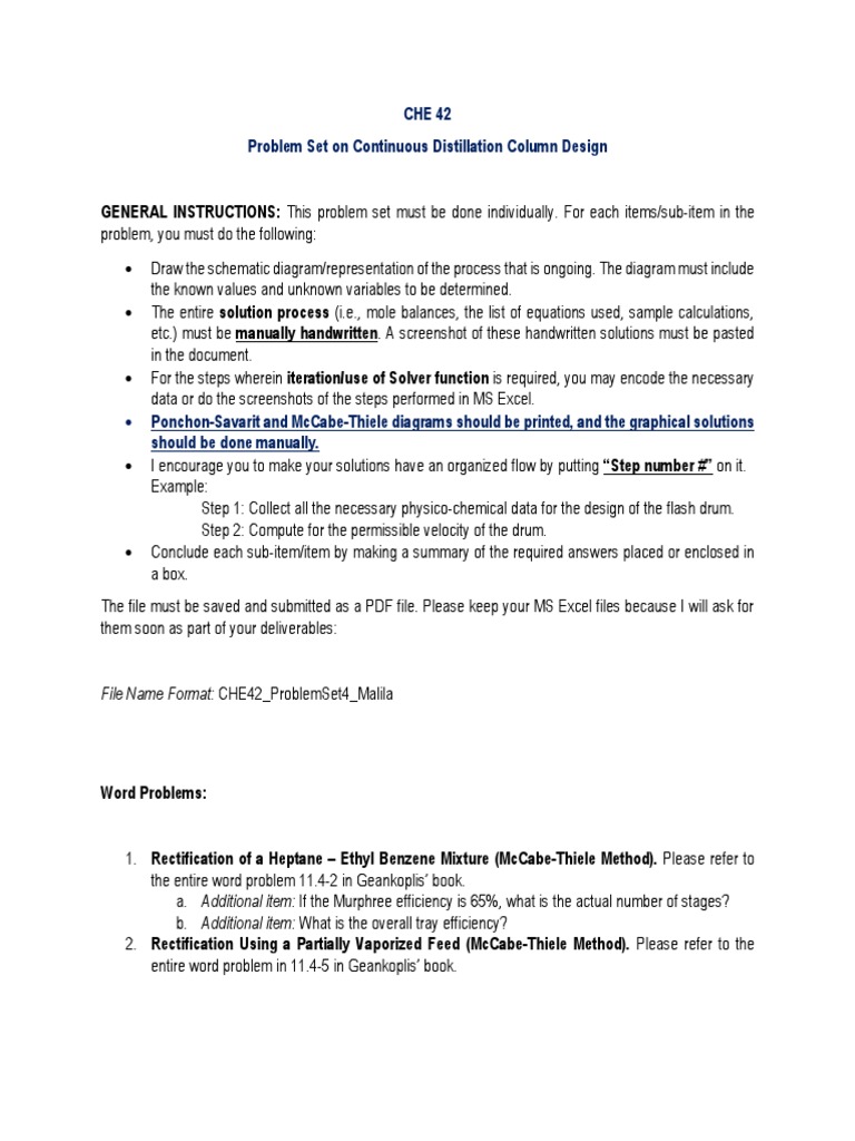 CHE 42 - Problem Set 4 - Column Distillation | PDF | Distillation | Methanol