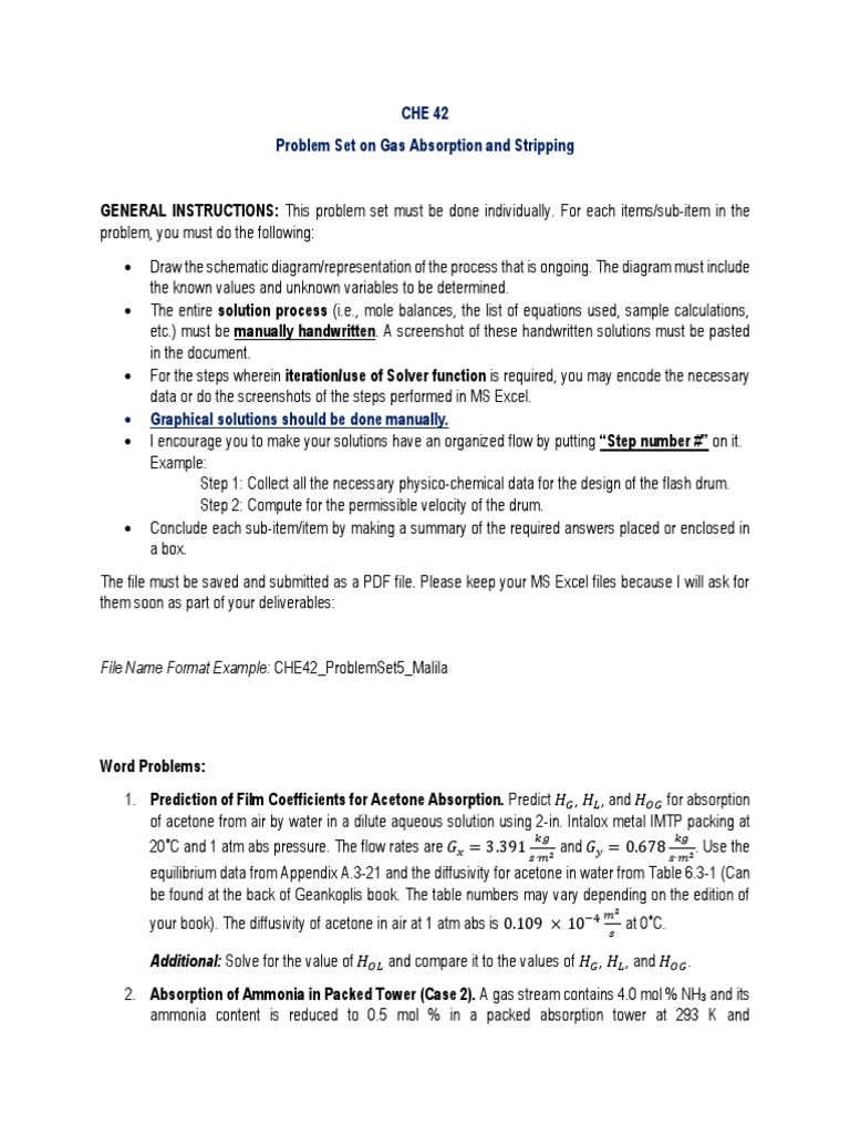 CHE 42 - Problem Set 5 - Gas Absorption and Stripping | PDF | Gases | Equations