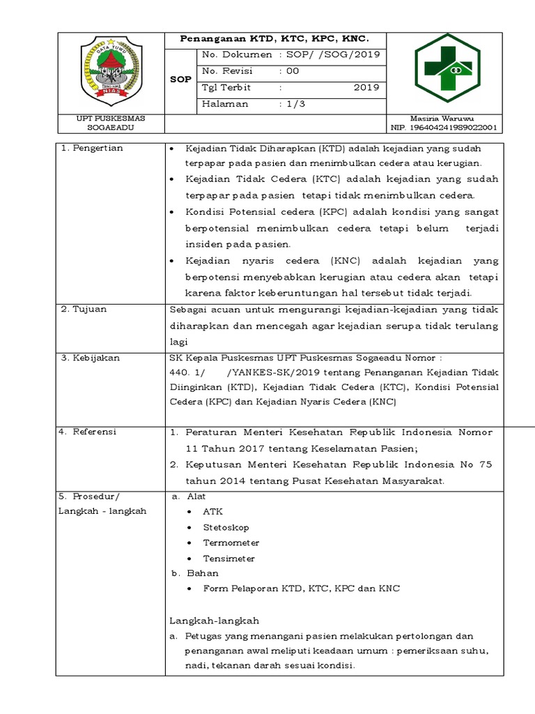 9.1.1 Ep 6 Sop Penanganan KTD, KTC, KPC, Knc. | PDF