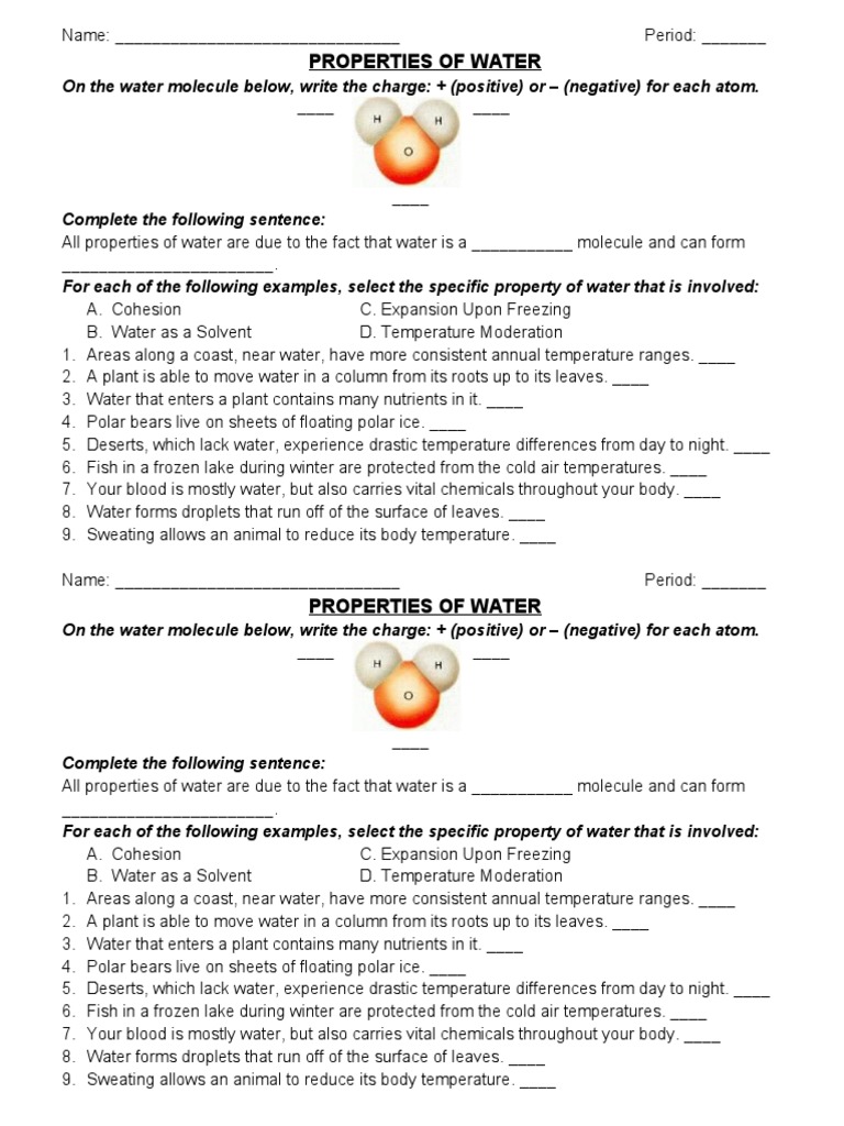 Properties of Water Worksheet 2022-2023 | Download Free PDF | Water ...