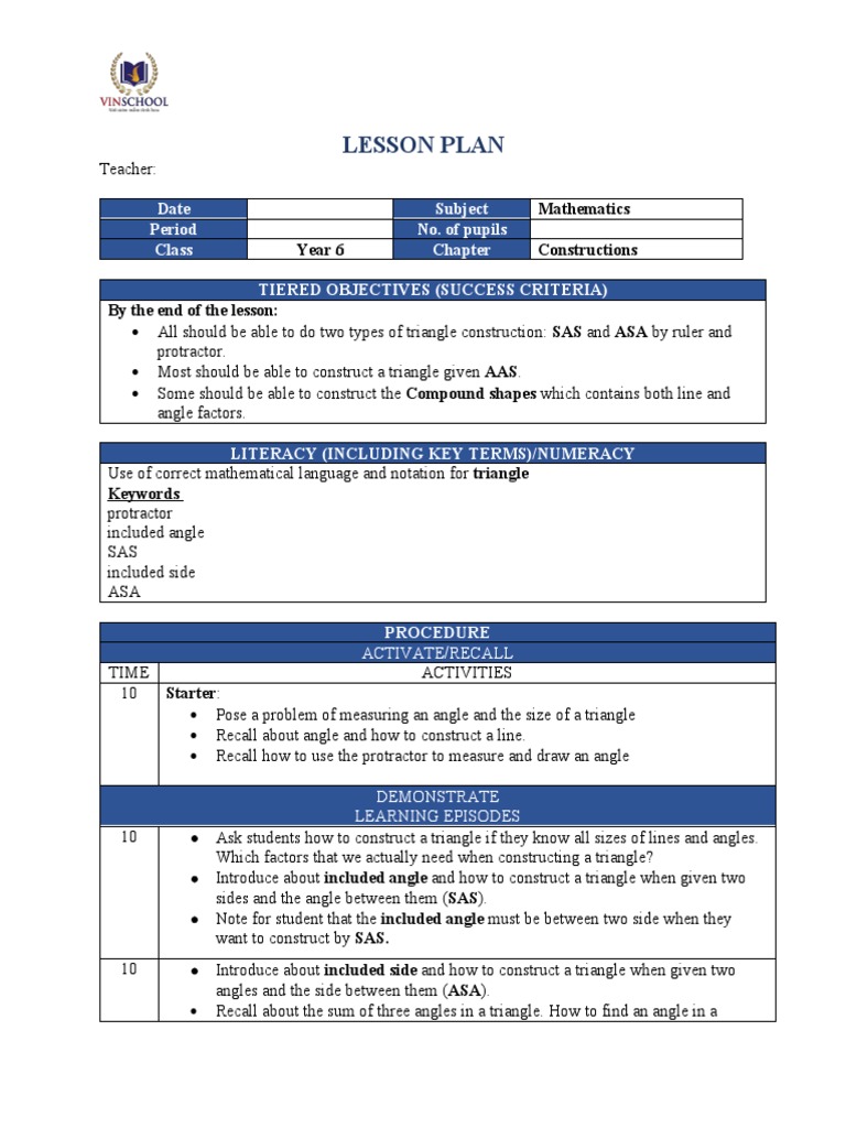 Unit 12.3 - g6 - Construction Triangle - LESSON PLAN | PDF | Triangle | Lesson Plan