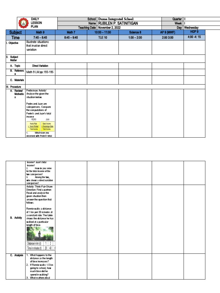 Lesson Plan Blank 4a's | PDF | Mathematics | Science