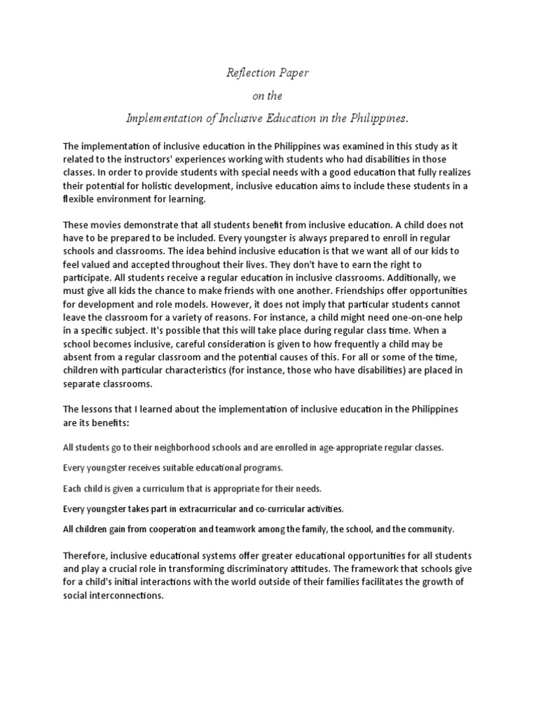 Educ10 (Reflection Paper) | PDF | Inclusion (Education) | Education Theory