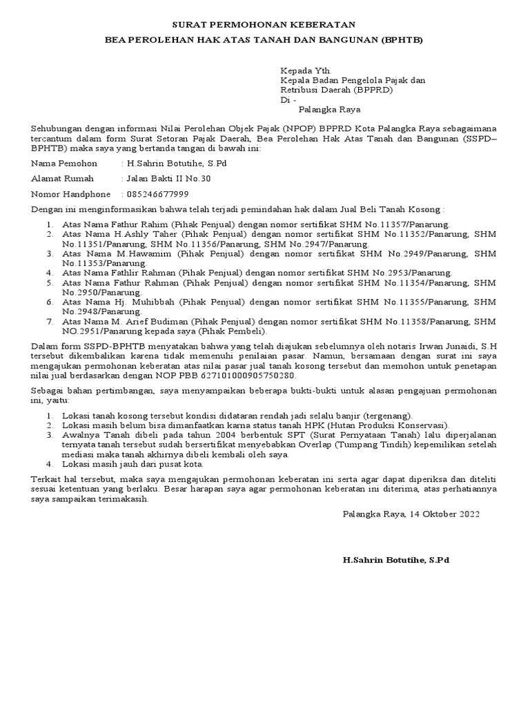 SURAT PERMOHONAN KEBERATAN BPHTB | PDF