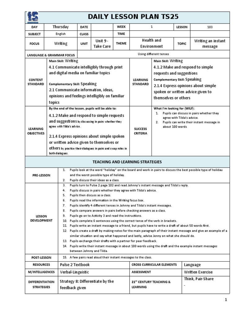 Form 2 Lesson 103 Writing | PDF | Lesson Plan | Behavior Modification