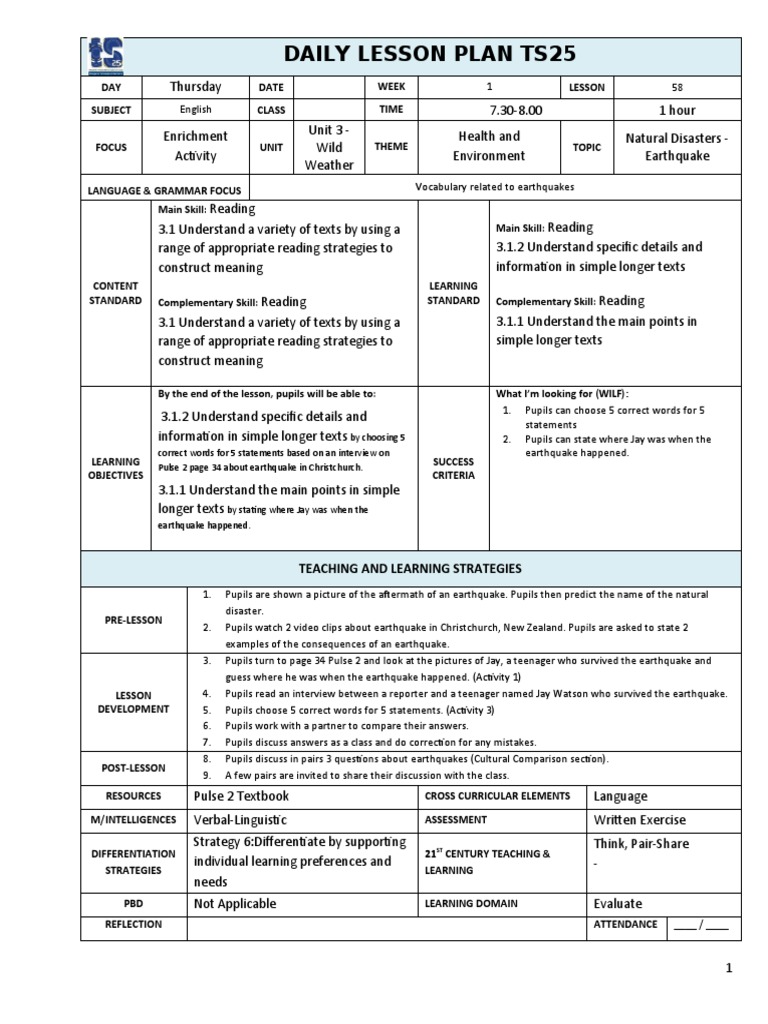 Form 1 Lesson 58 Enrichment Activity | PDF | Learning | Lesson Plan