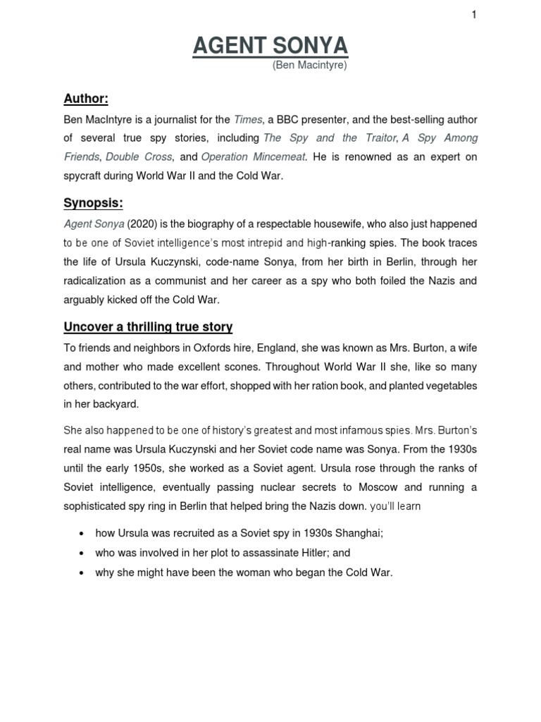 AGENT SONYA by Ben Macintyre | PDF | Espionage | National Security