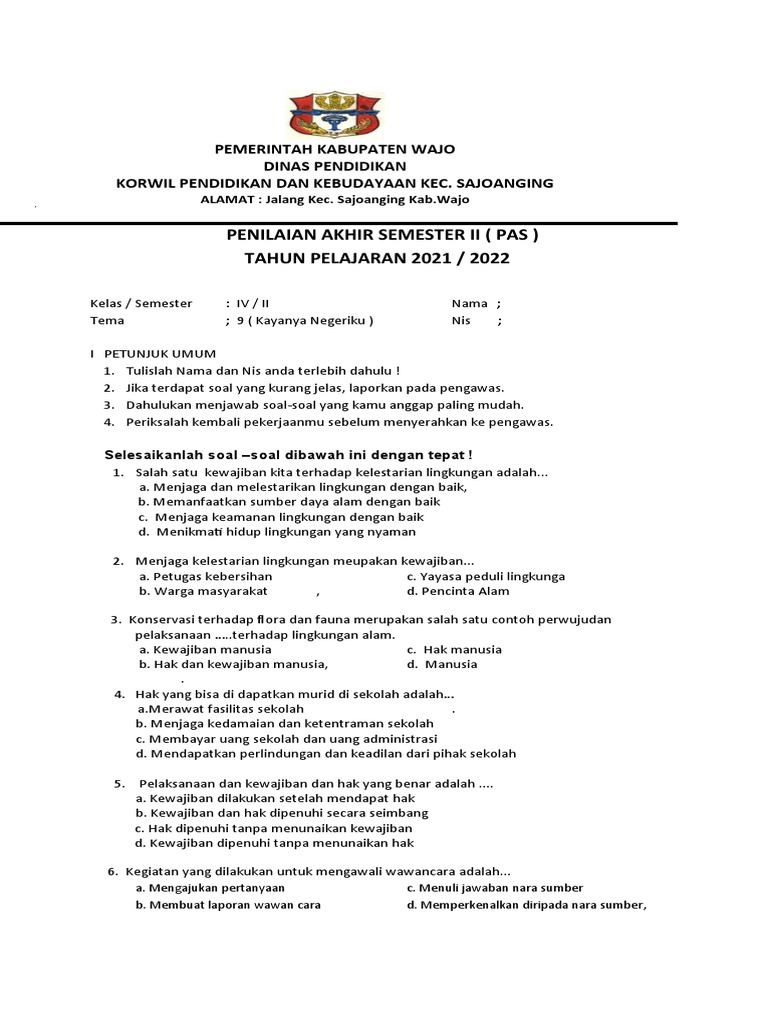 Soal PAS TEMA 9 KELAS 4 | PDF