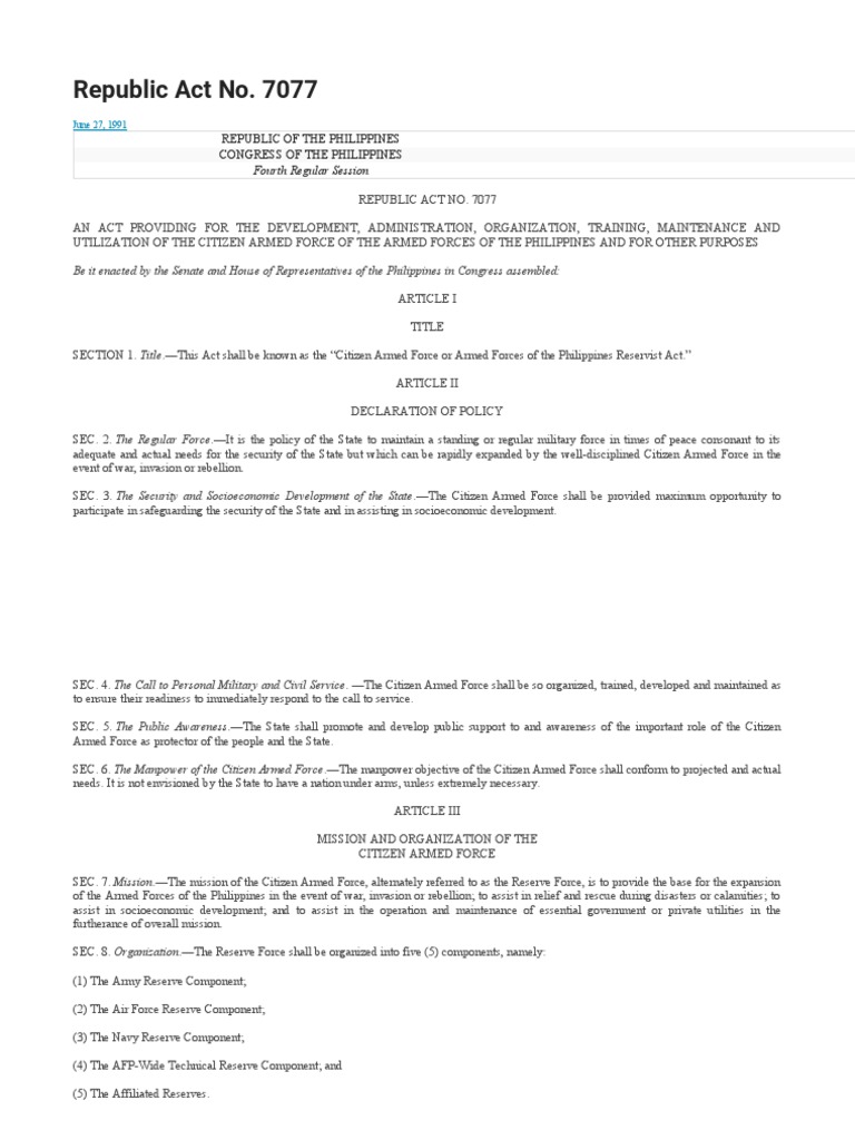Republic Act No.7077 | PDF | Reserve Officers' Training Corps | Militia