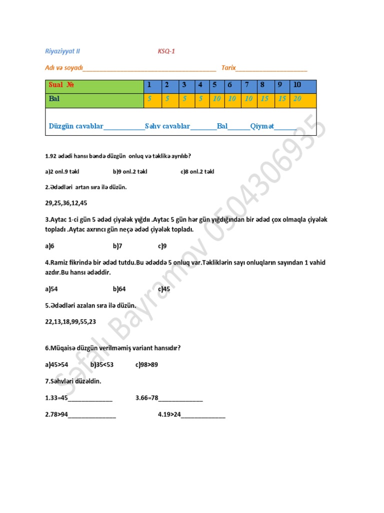 2-Ci Sinif Riyaziyyat Bütün KSQ-LƏR | PDF