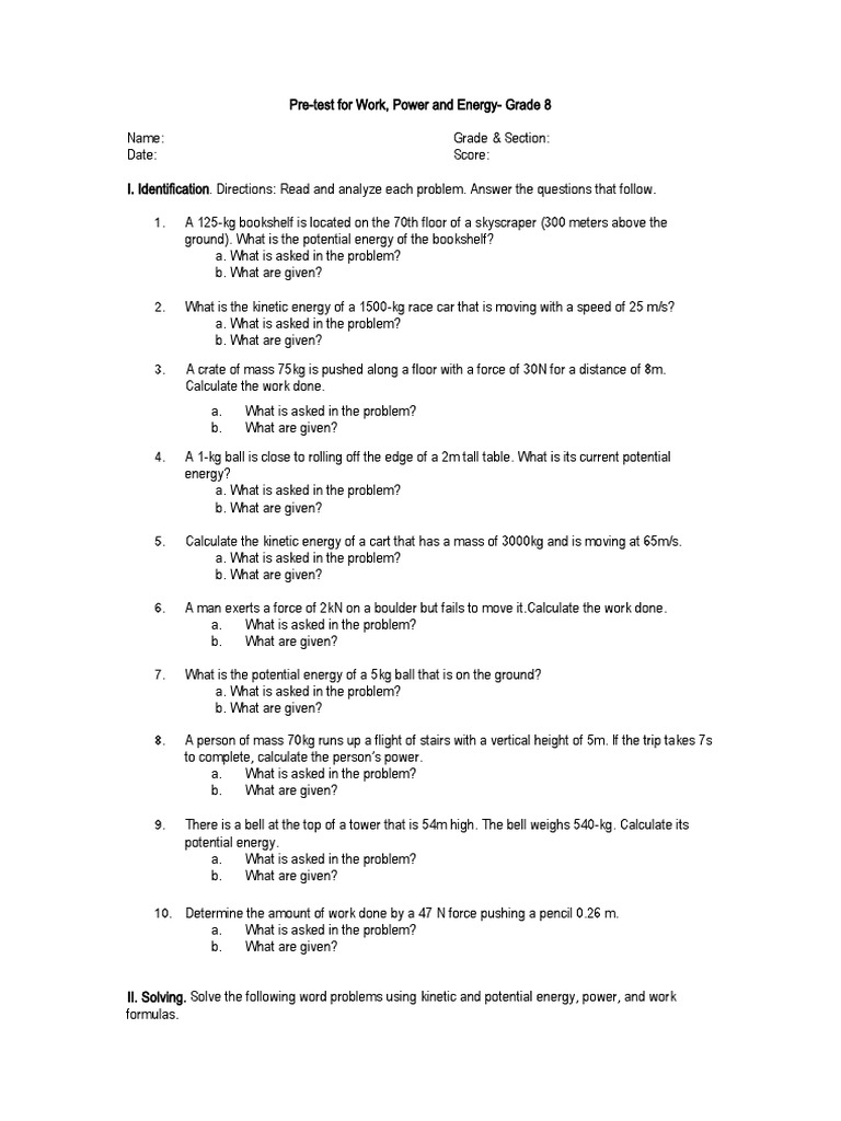 Pretest and Posttest | PDF | Force | Potential Energy