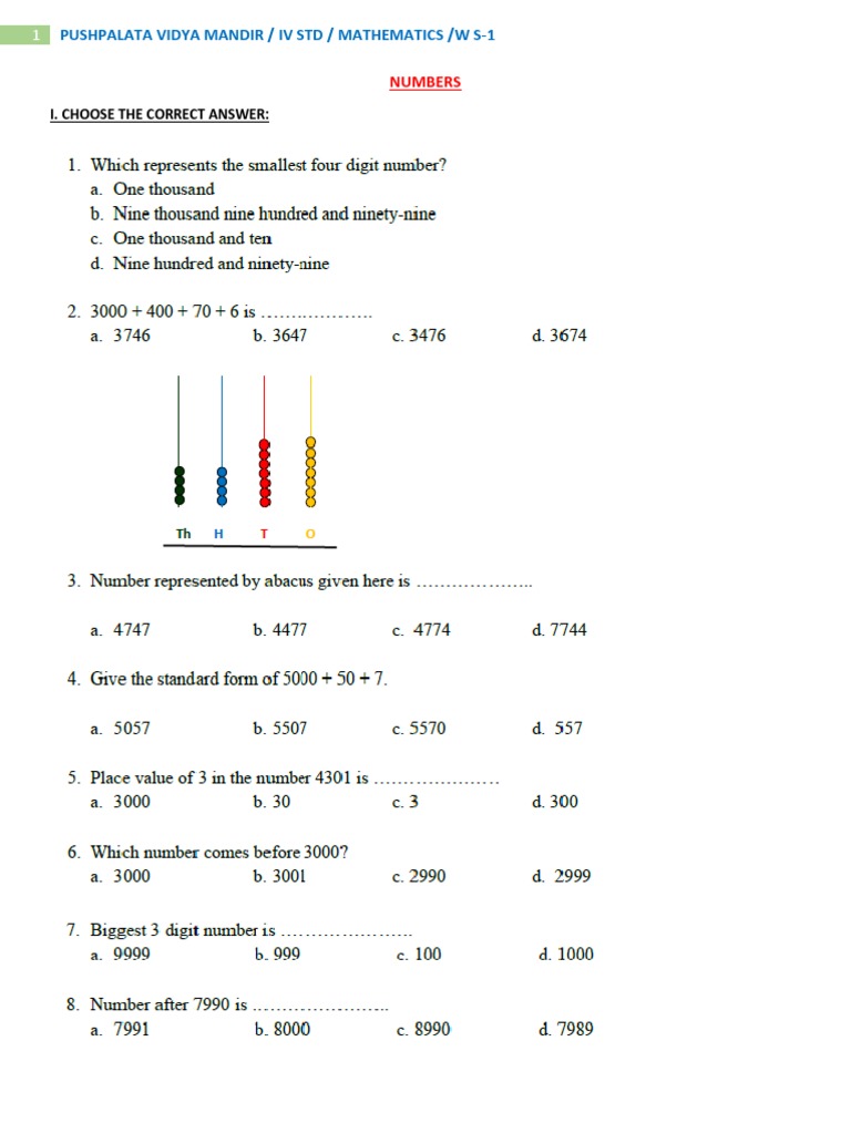 Class IV Maths Worksheet 1 | PDF