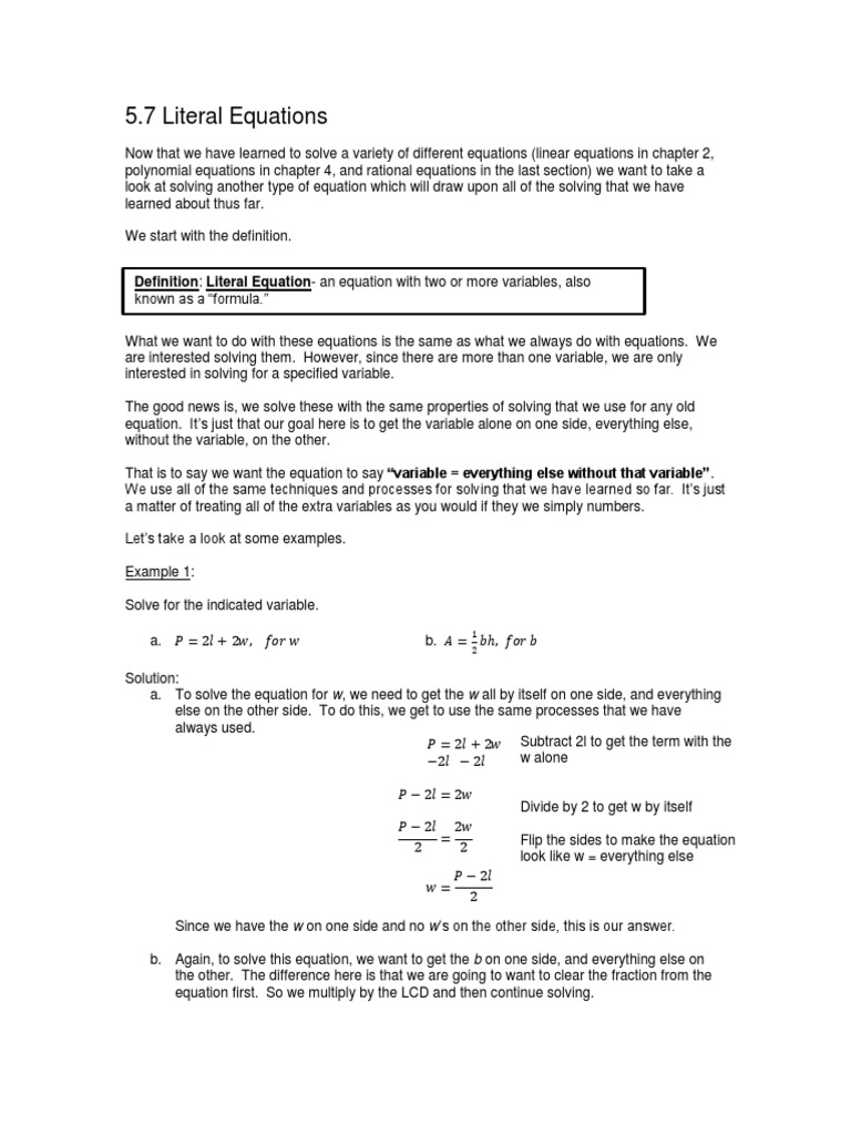 Literal Equation | PDF | Equations | Mathematical Concepts