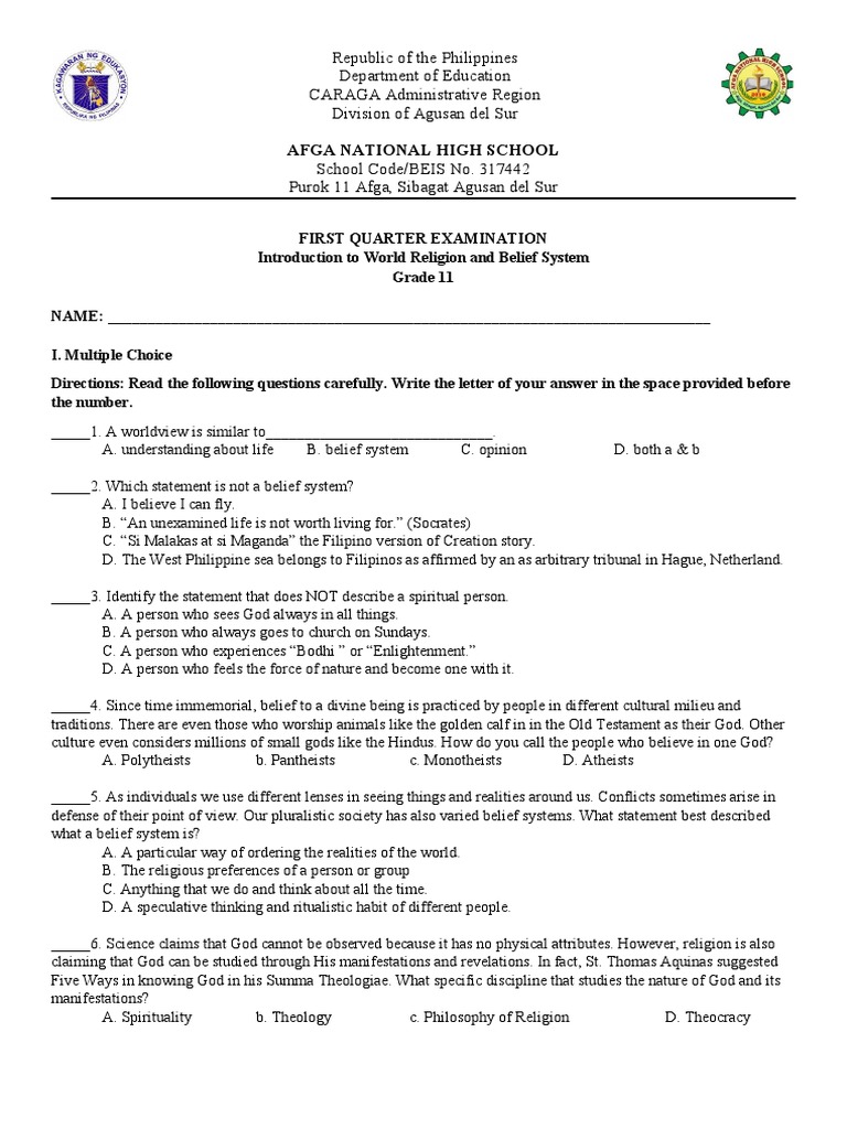 Grade 11 World Religion Exam Q1 | PDF | God | Hebrew Bible