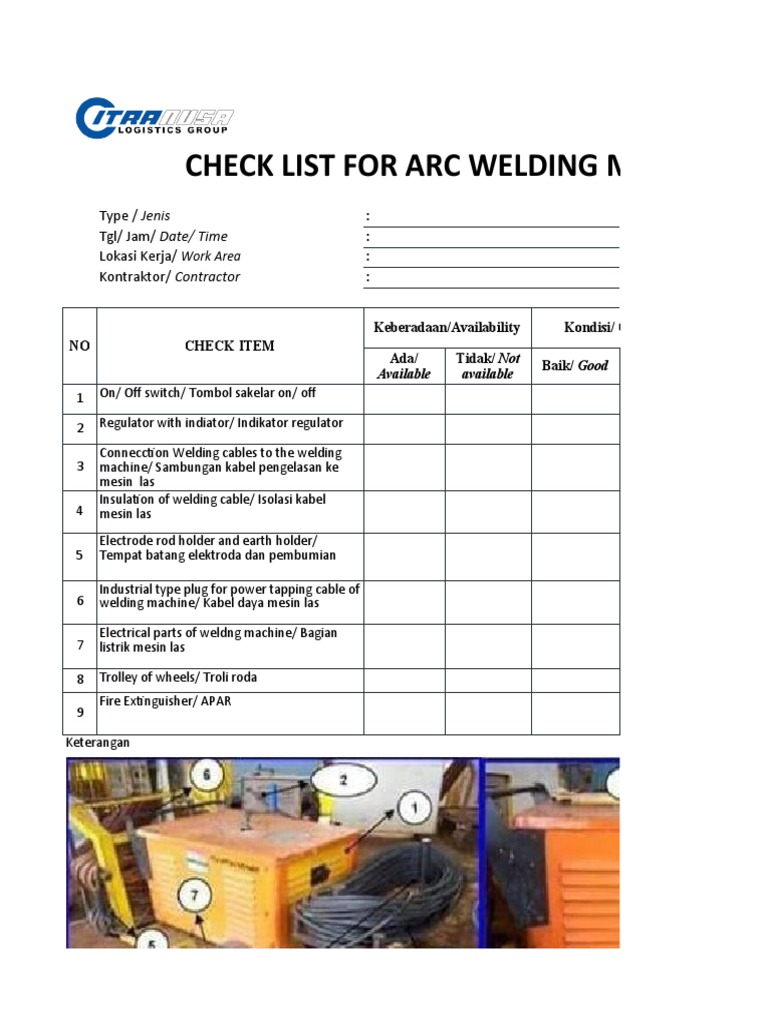 CHECK LIST FOR ARC WELDING MACHINE, GRINDING, METAL CUTTING Fix | PDF | Construction | Welding