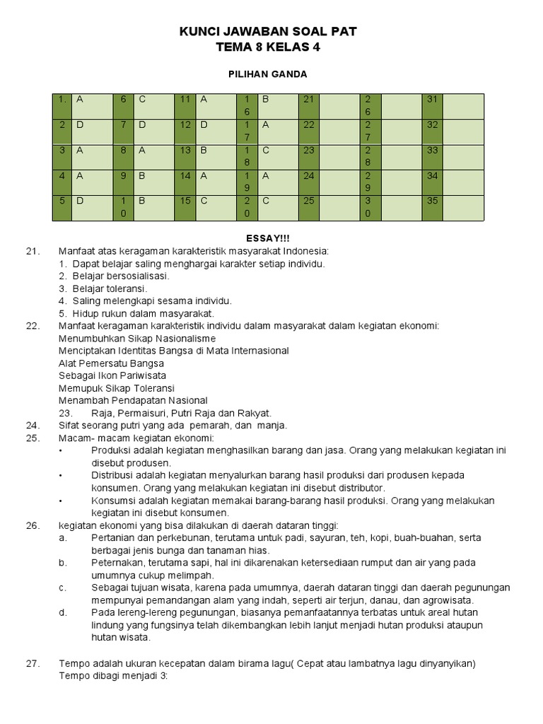 Kunci Jawaban Soal PAT Tema 8 Kelas 4 - 1 | PDF