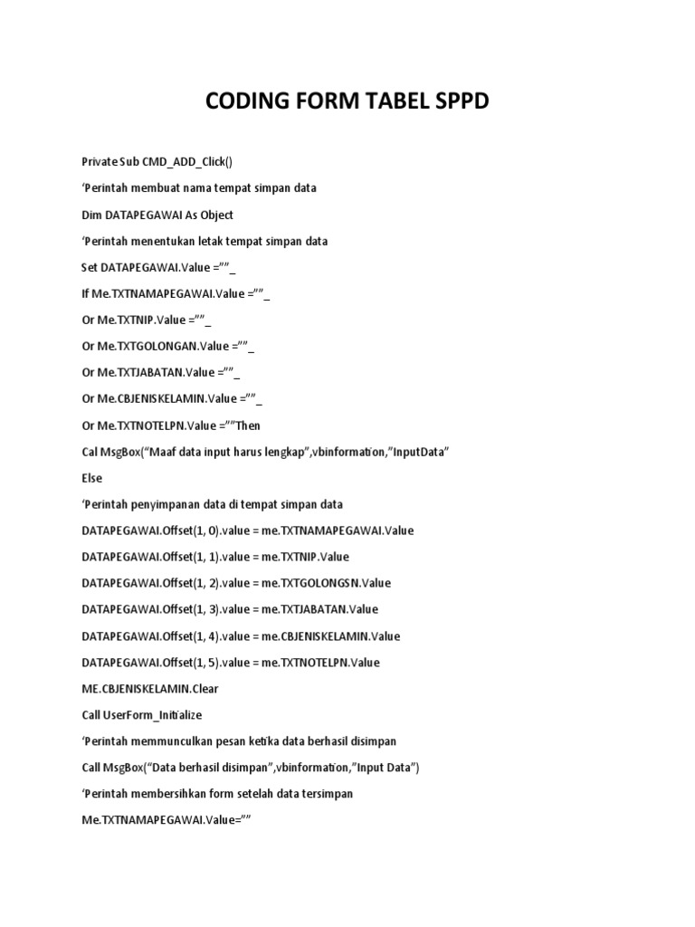 Coding Form Tabel Sppd Pdf Computing Computer Programming 8398