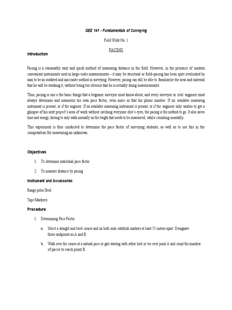 Field Work No.1. (Pacing) | PDF | Surveying | Distance