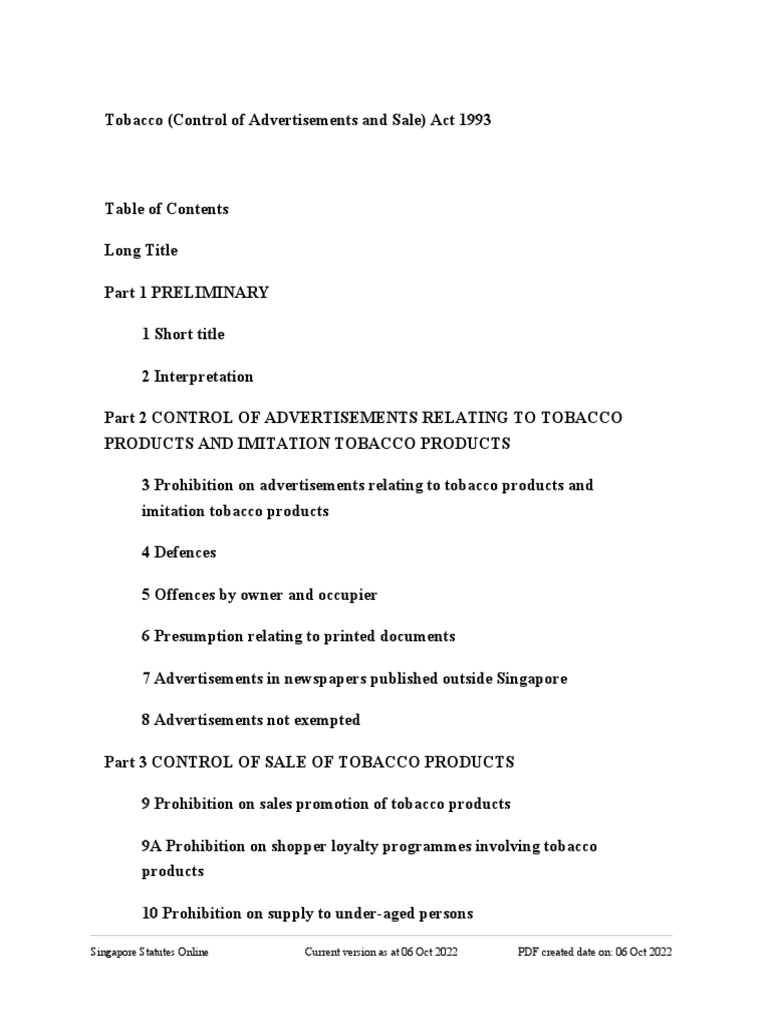Tobacco Control Act Overview Singapore | PDF | Advertising | Cigarette