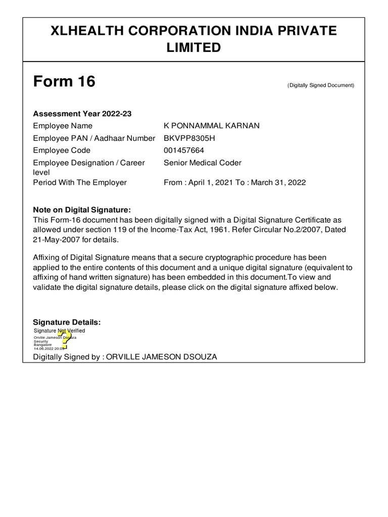 Form 16: Annual Tax Deduction Statement for Employee K PONNAMMAL KARNAN ...