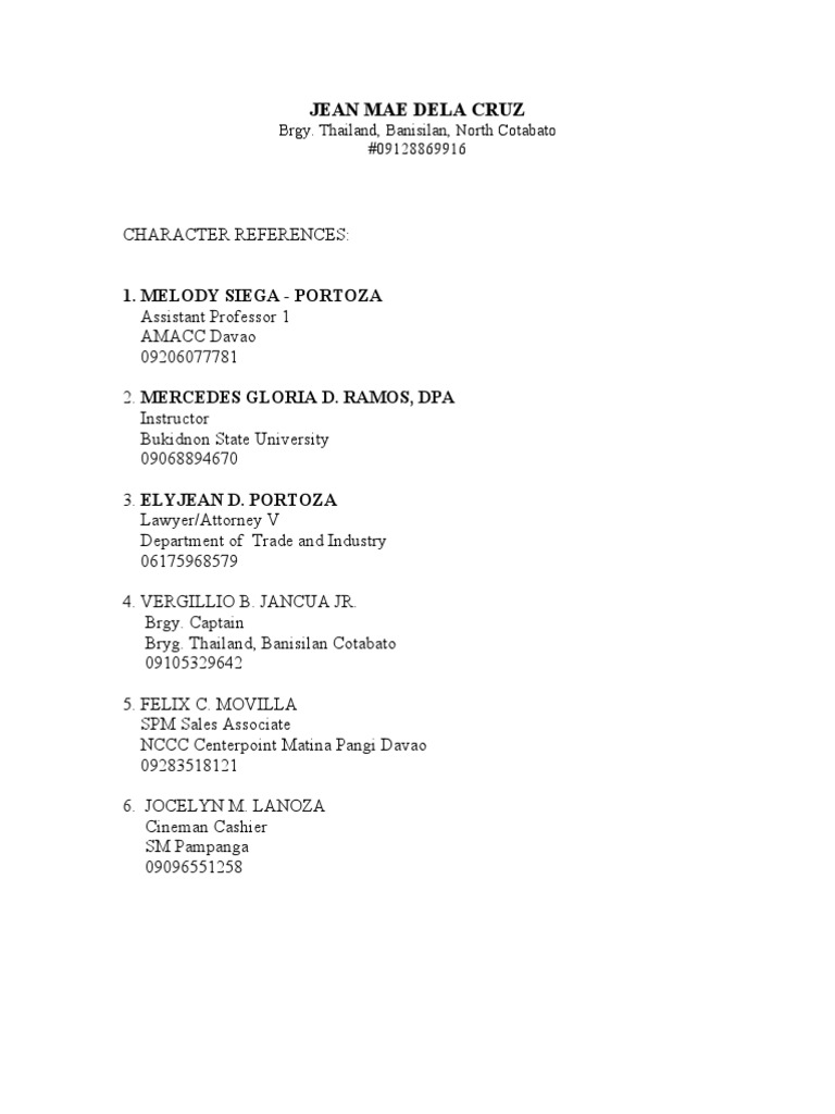Character References for Jean Mae | PDF
