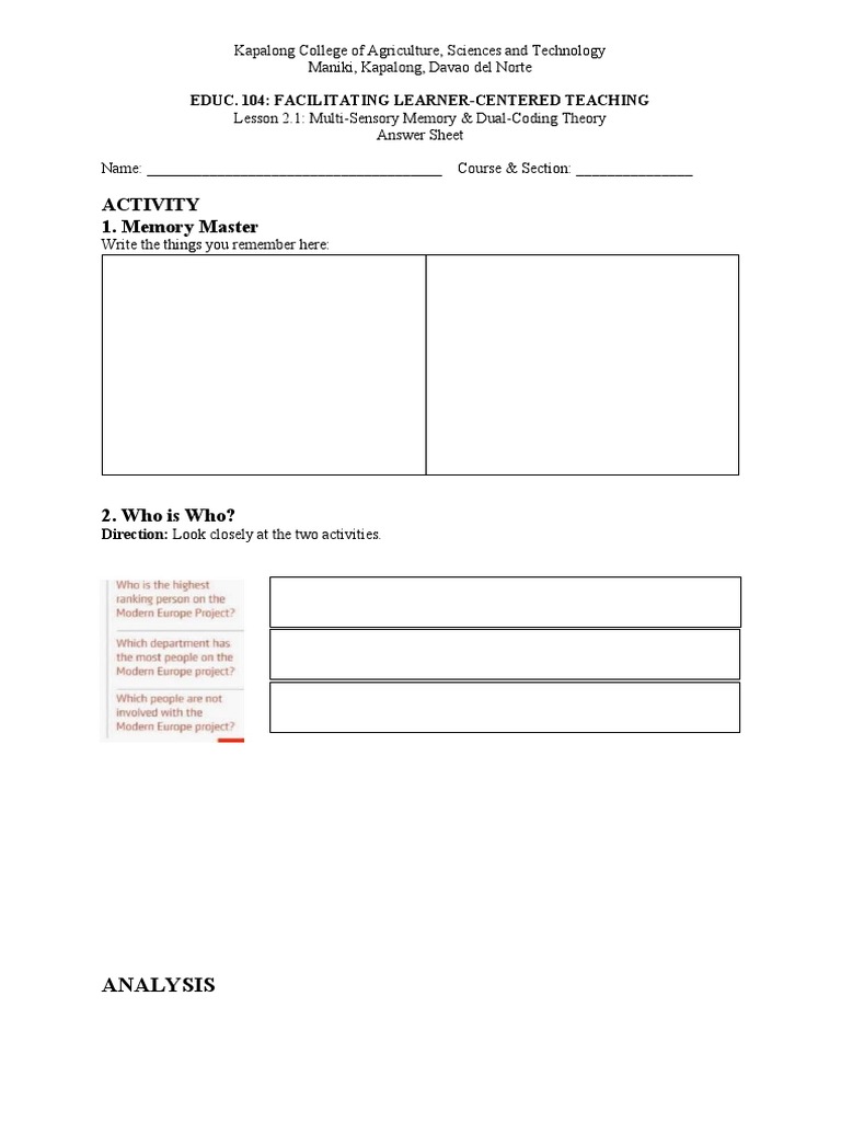 Answer Sheet Module 2 Lesson 2.1 | PDF | Memory | Brain
