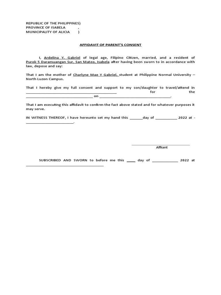 Affidavit of Parents Consent Form | PDF