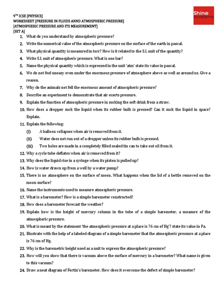 9TH - Icse - Physics - Worksheet - Pressure in Fluids and Atmospheric Pressure - 2 | PDF ...