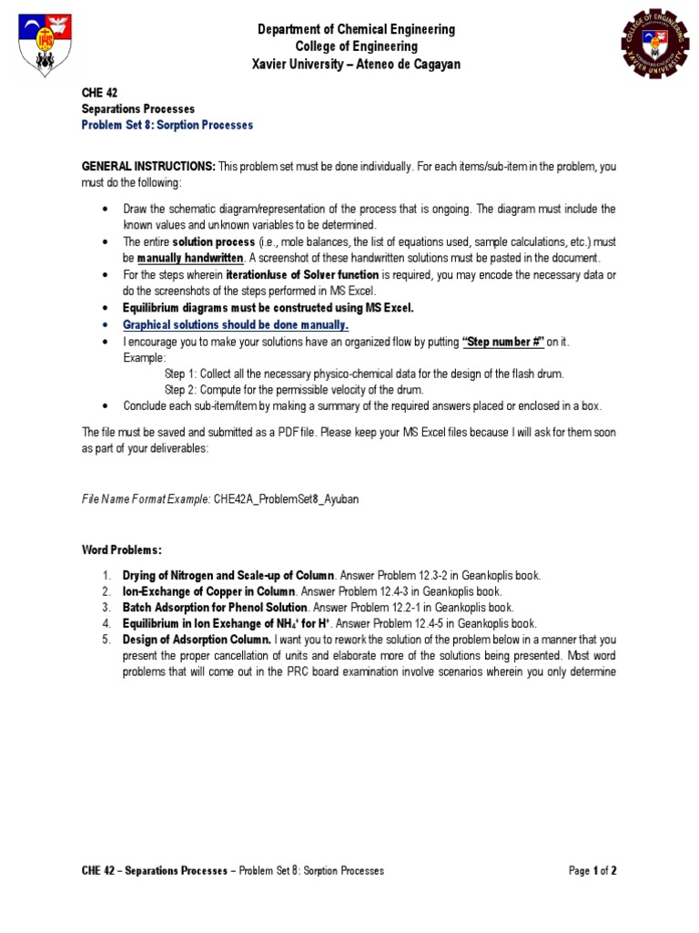 CHE 42 - Problem Set 8 - Sorption Processes | PDF | Adsorption | Ion Exchange