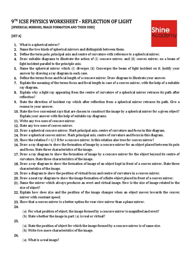 9TH - Icse - Physics - Worksheet - Reflection of Light 2 | PDF | Mirror ...