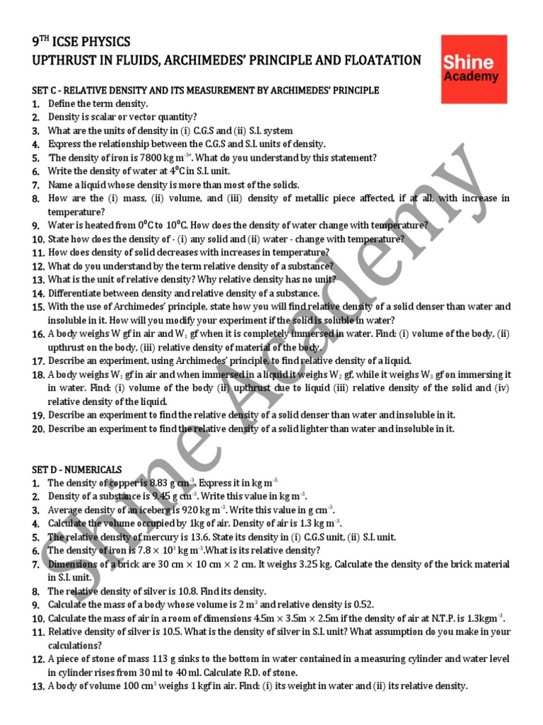 9TH - Icse - Physics - Worksheet - Upthrust in Fluids, Archimedes ...