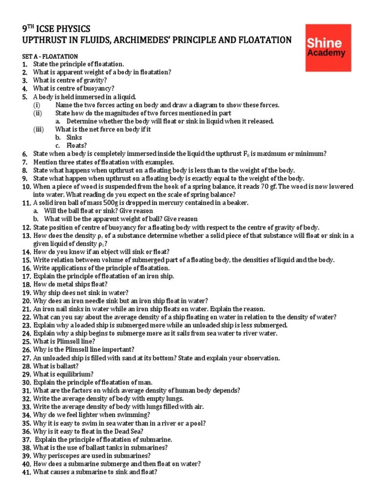 9TH - Icse - Physics - Worksheet - Upthrust in Fluids, Archimedes ...
