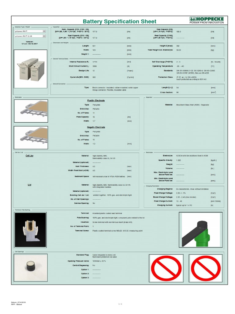 Specification Sheet for a 177 Ah VRLA AGM Lead Acid Battery | PDF | Electricity | Electrical ...