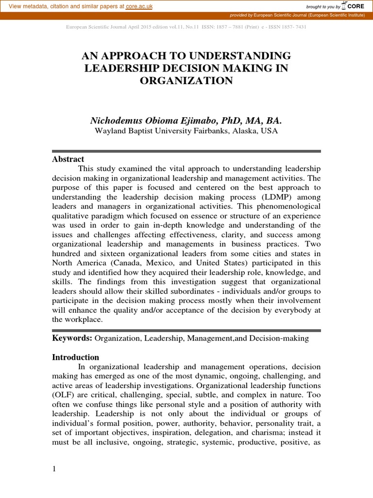 Leadership Decision Making in Organizations | PDF | Leadership ...