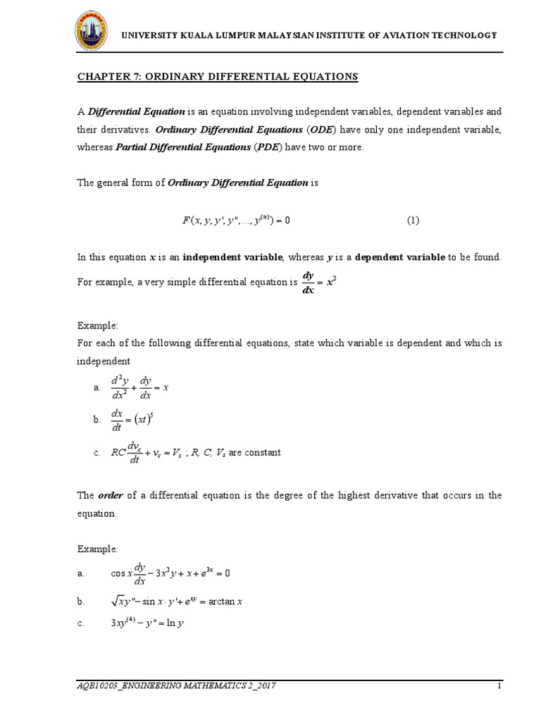 Chapter 7 Differential Equations | PDF | Ordinary Differential Equation | Equations