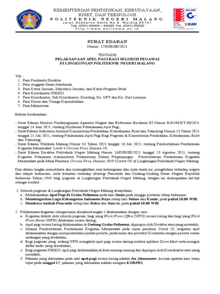 Pelaksanaan Apel Pagi di Polinema | PDF