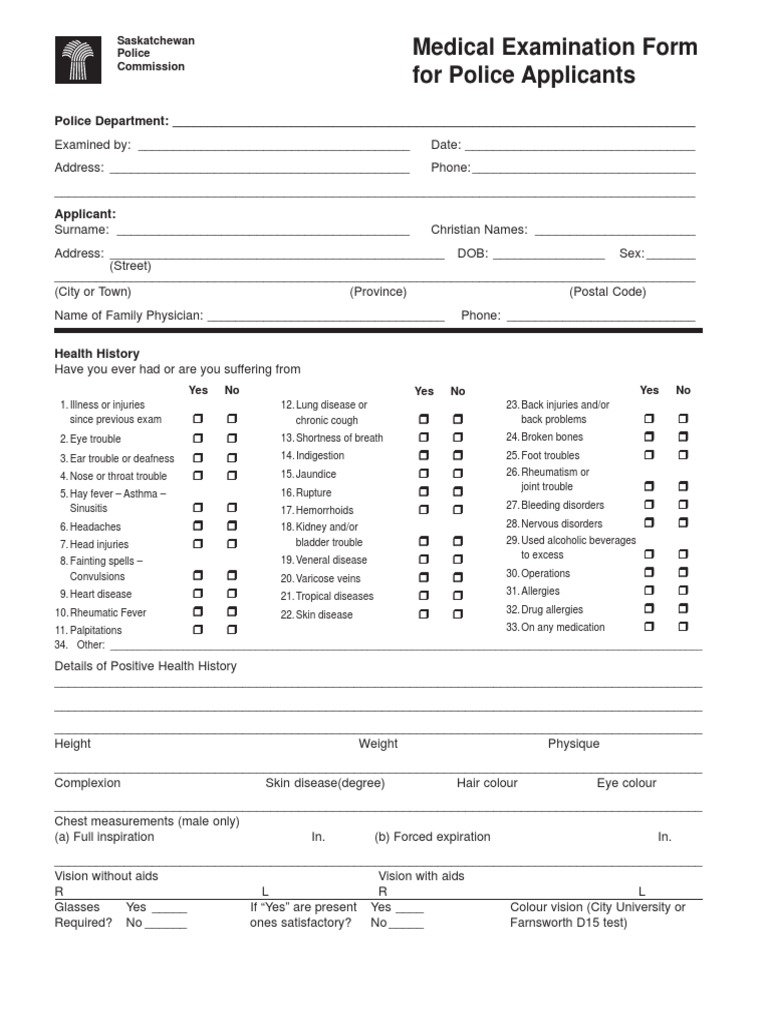 Saskatchewan Police Medical Exam Form | PDF | Blood Pressure | Heart