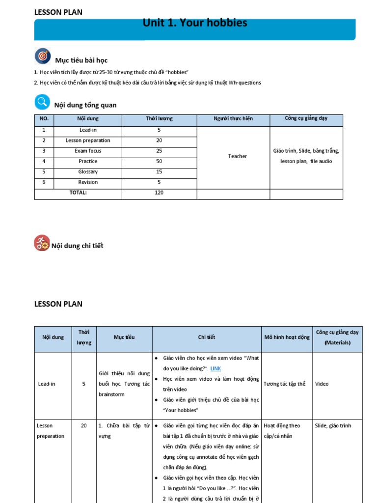 Lesson Plan - Speaking. Unit 1. Your Hobbies | PDF