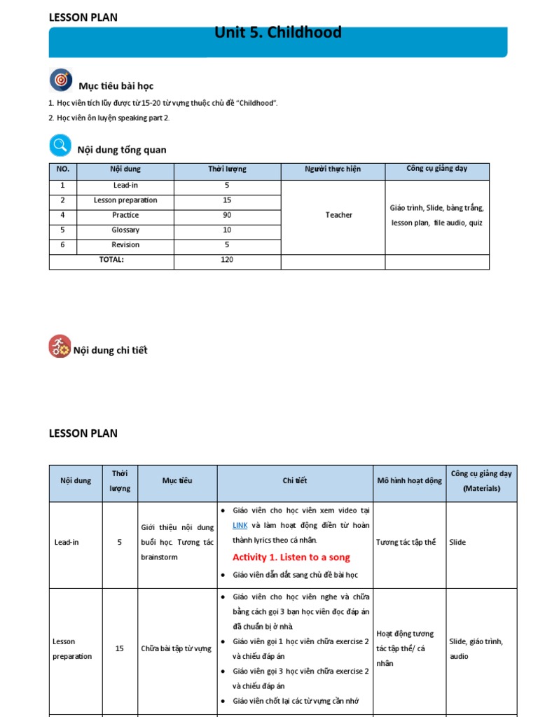 Lesson Plan - Speaking. Unit 5. Childhood | PDF