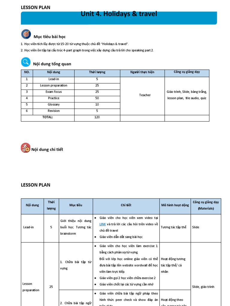Lesson Plan - Speaking. Unit 4. Holidays - Travel | PDF
