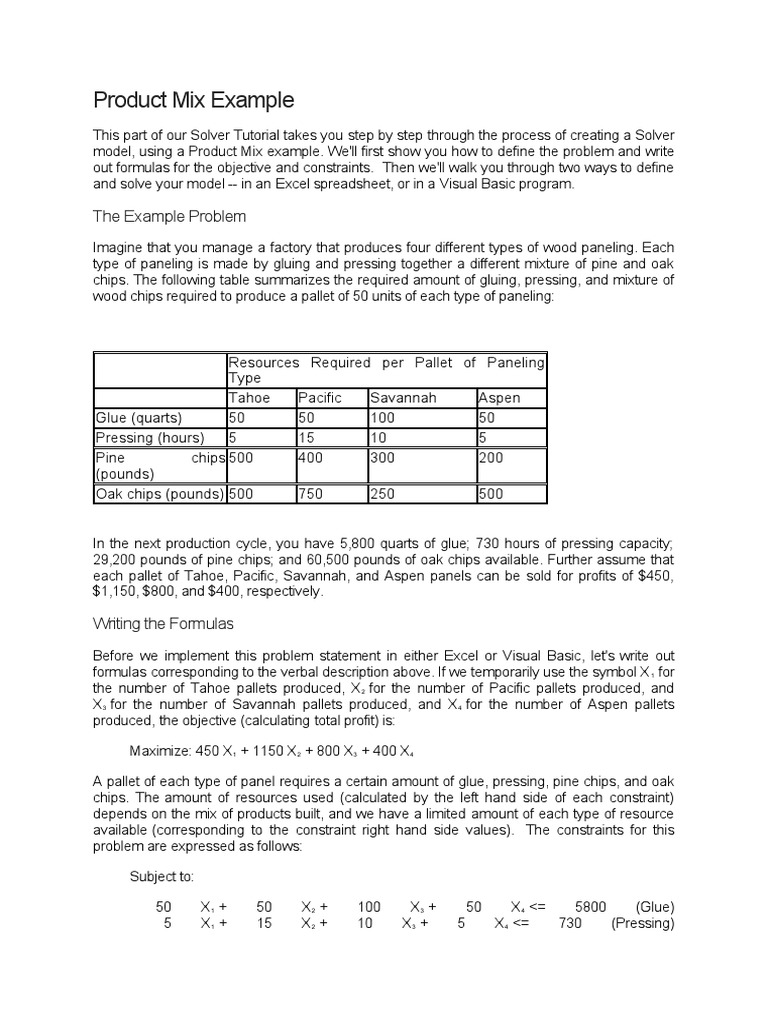 Product Mix Example For Excel Solver | PDF | Spreadsheet | Mathematical ...