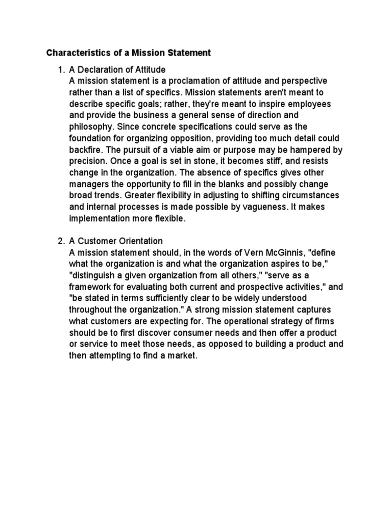 Characteristics of A Mission Statement | PDF