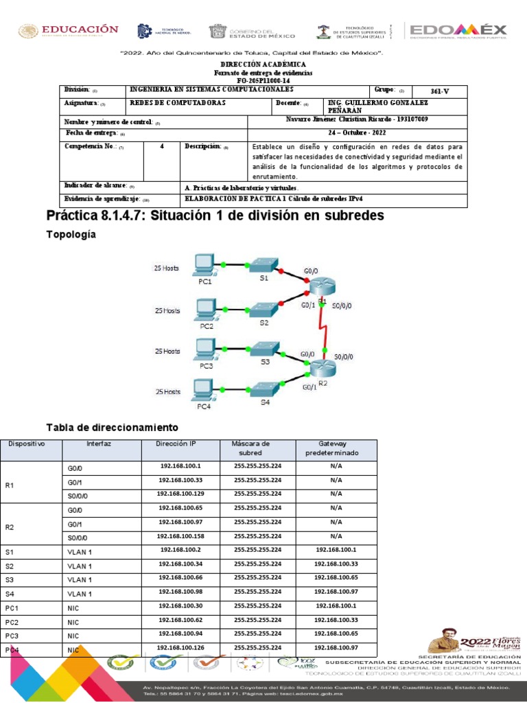 8 1 4 7 Packet Tracer Subnetting Scenario 1 Pdf Dirección Ip
