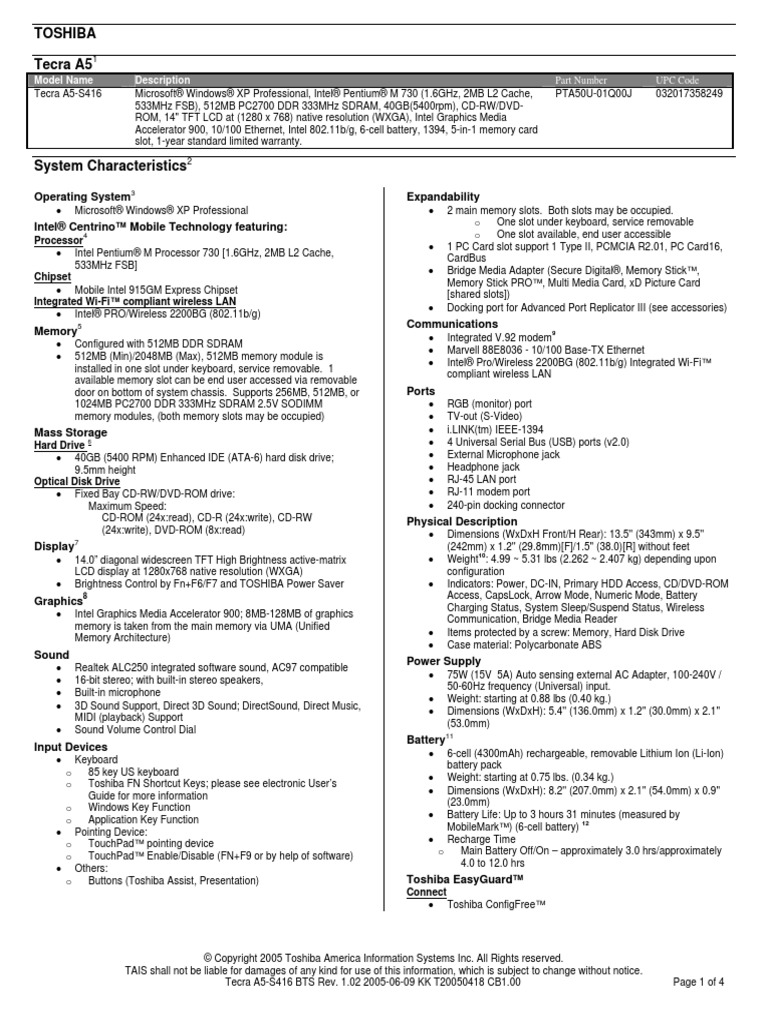 Toshiba Tecra A5: Operating System Intel® Centrino™ Mobile Technology Featuring: Expandability ...