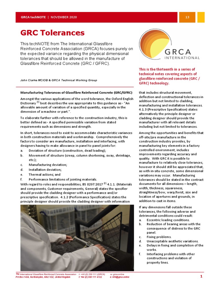 techNOTE 13 - GRC Tolerances | PDF | Engineering Tolerance | Concrete