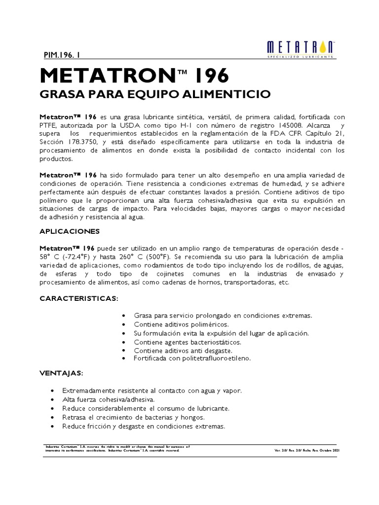 62a0c9c0f0e771e7aad8cdf2 - METATRON 196 Spanish A | PDF | Rodamiento (Mecánico) | Lubricante