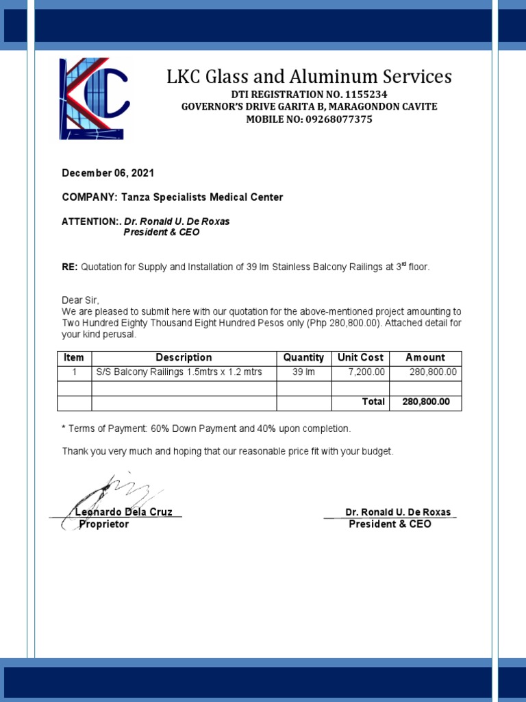 Quotation For Supply and Installation of 39 LM Stainless Balcony ...